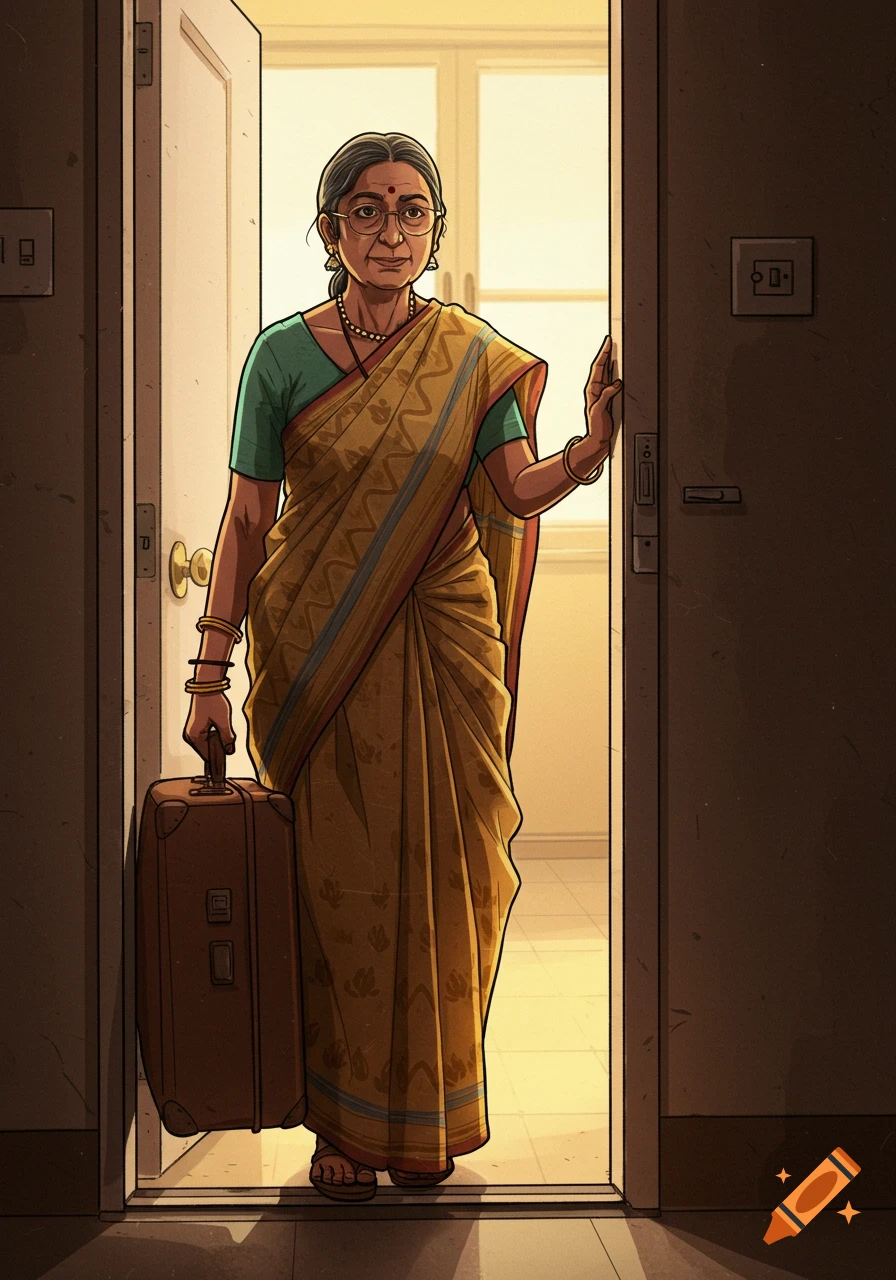 Woman in a sari stands in an open doorway with a suitcase, in a ...