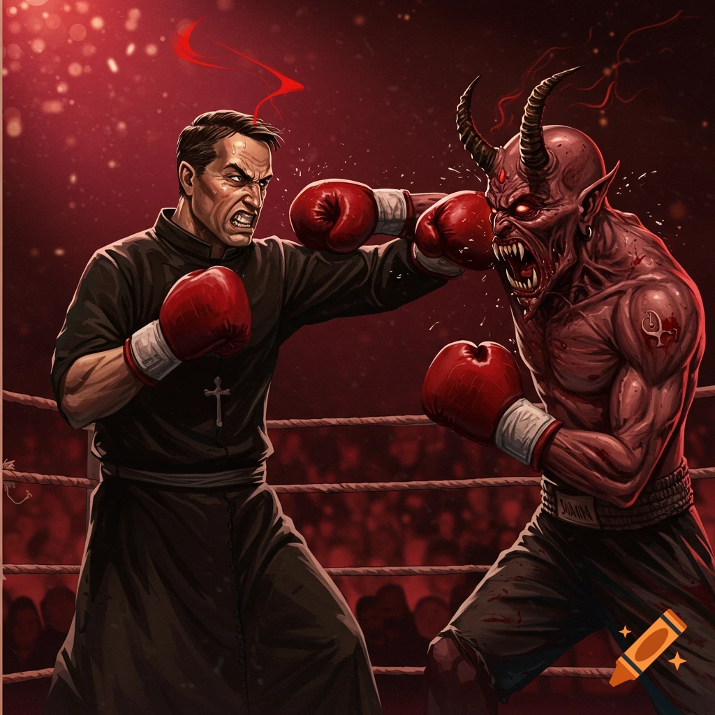 Illustration of a priest boxing a demon in a boxing ring. on Craiyon