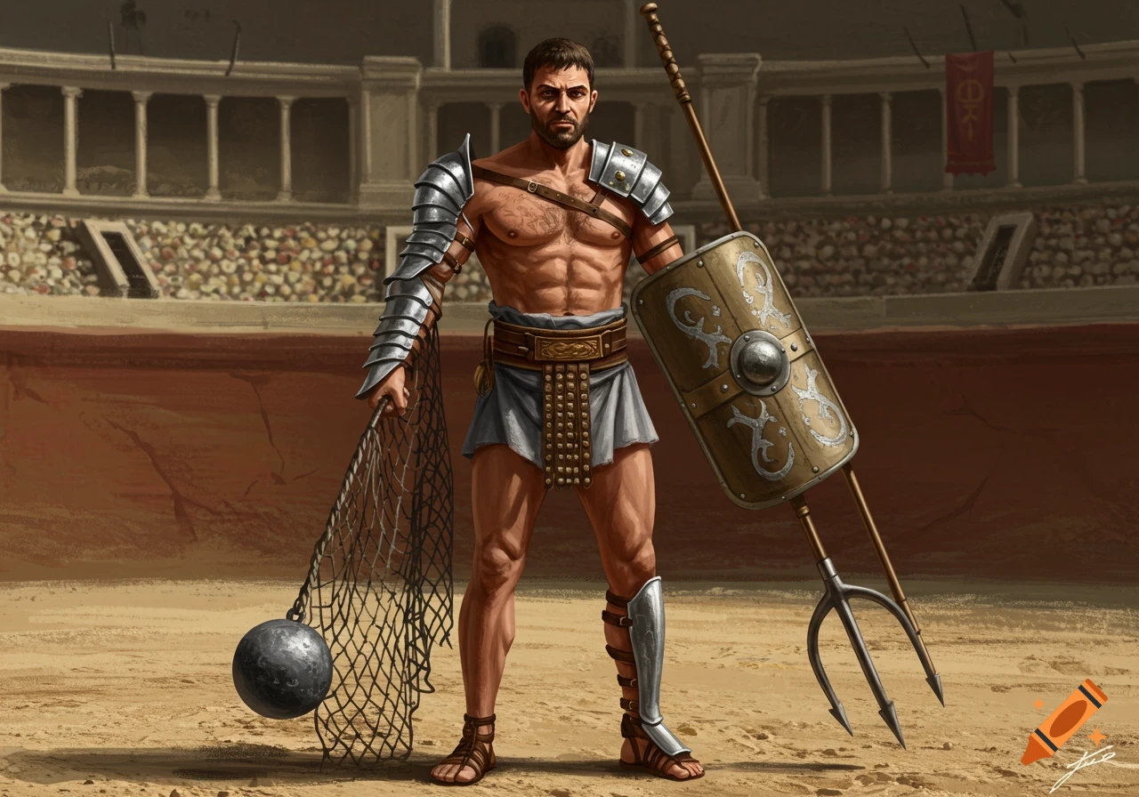 A Roman Retiarius gladiator stands in an arena, holding a net and ...