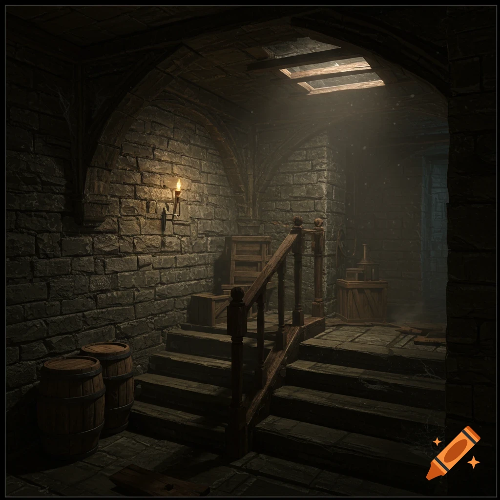 A dark medieval stone basement with stairs, barrels, and light ...