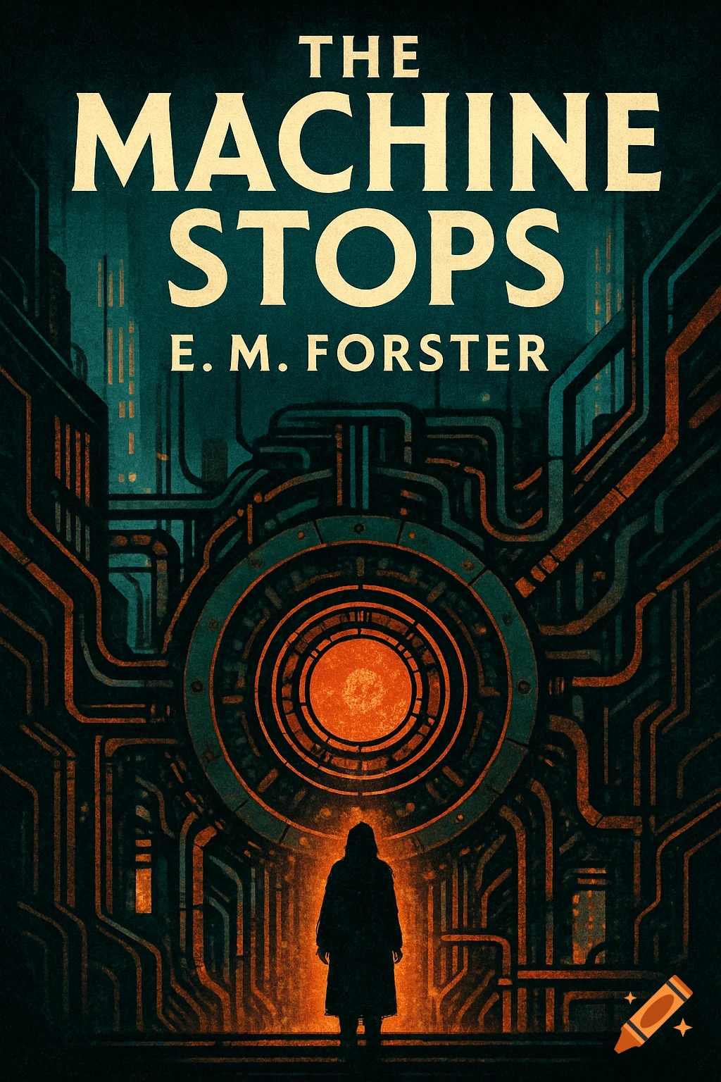 Book cover for The Machine Stops showing a person silhouetted against a ...