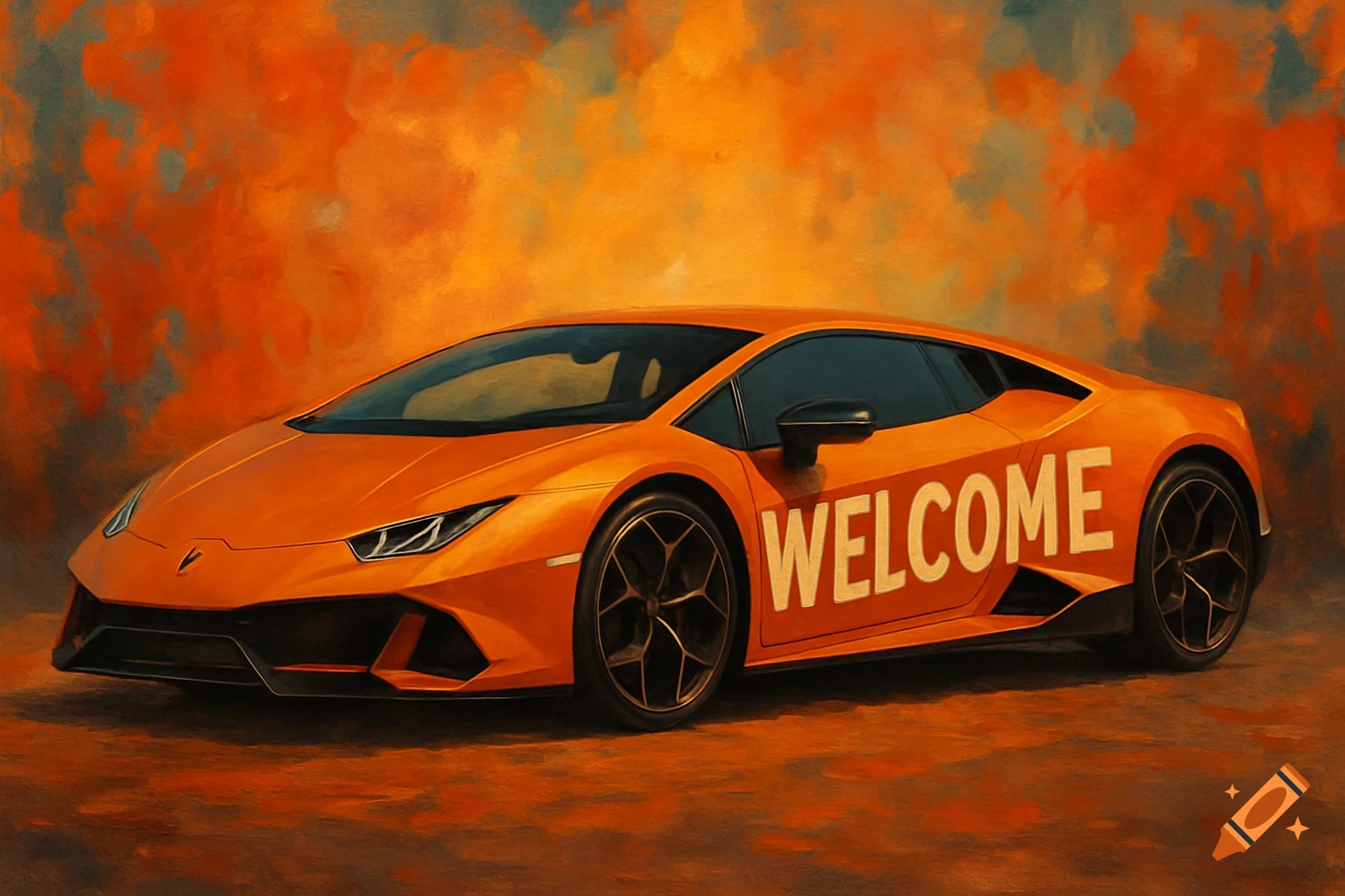 An orange Lamborghini with Welcome written on the side, in a painterly ...