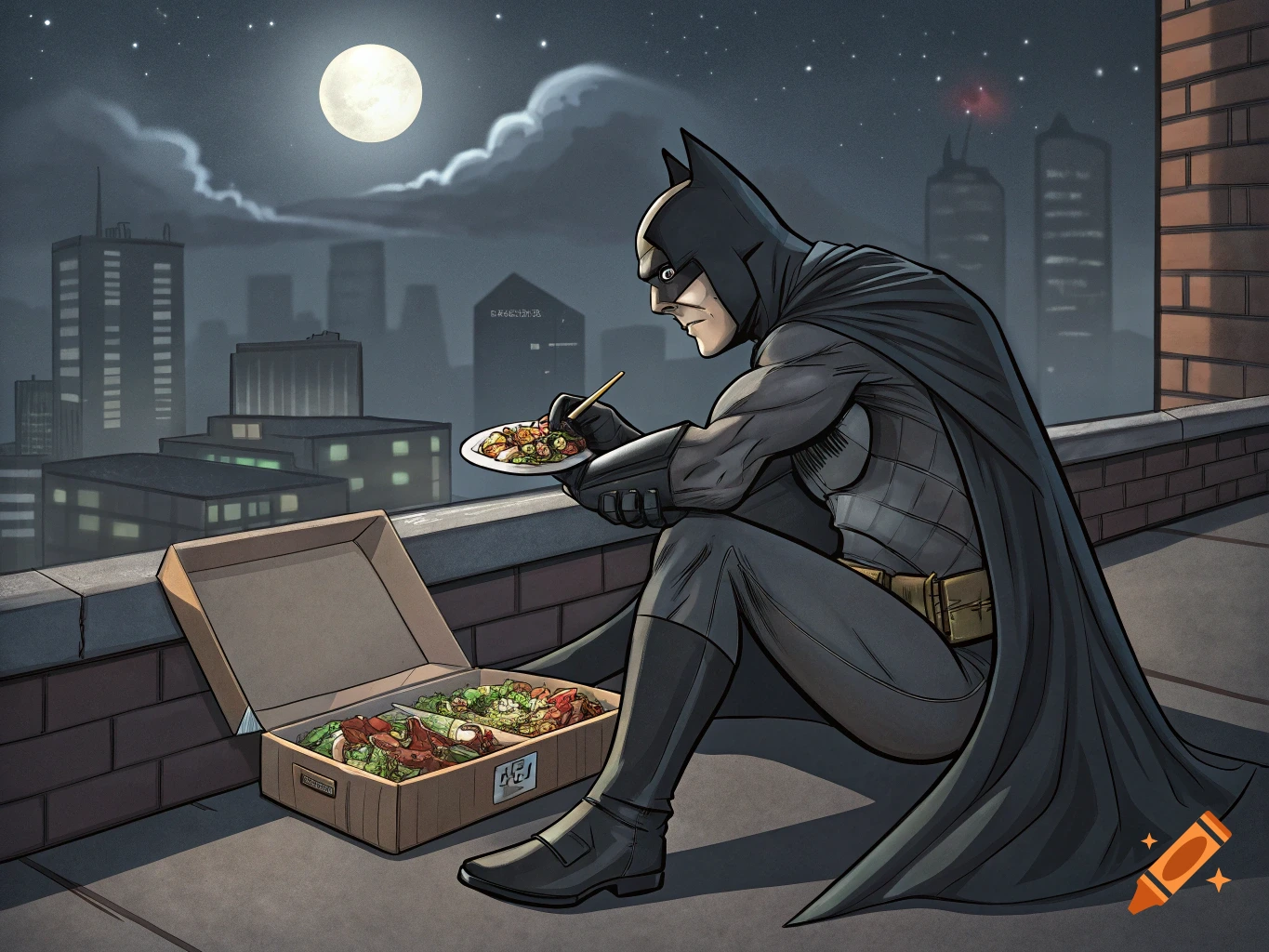 Illustrated Batman sits on a rooftop eating Kimbap from a lunch box at ...