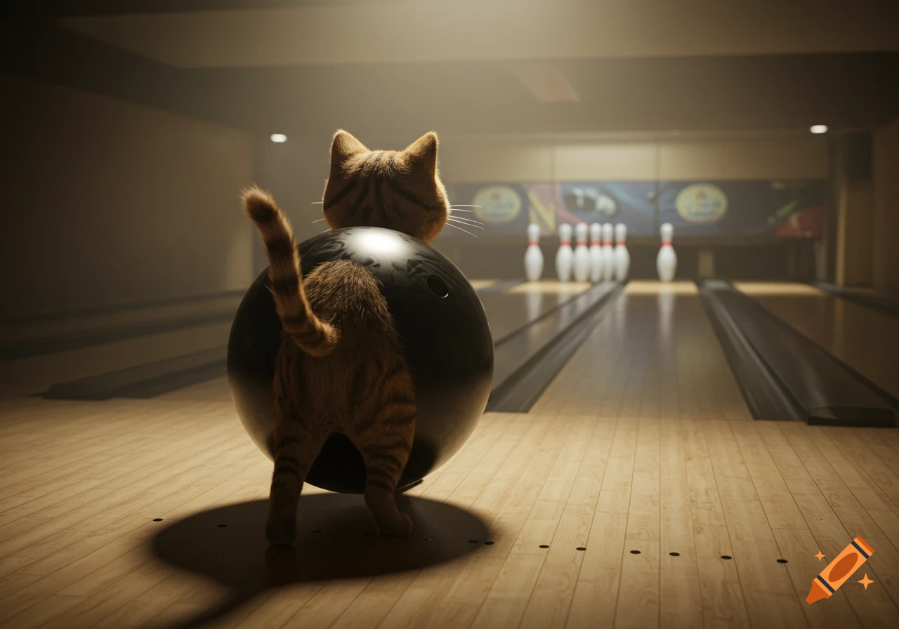 A ginger cat with a bowling ball body stands on a lane looking at pins ...
