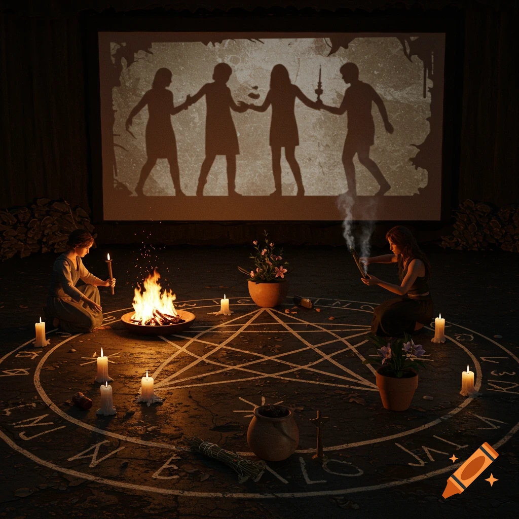 Two people perform a ritual around a pentagram with fire, candles, and ...