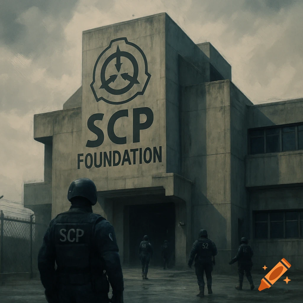 Concrete building with SCP Foundation logo, tactical personnel approach ...