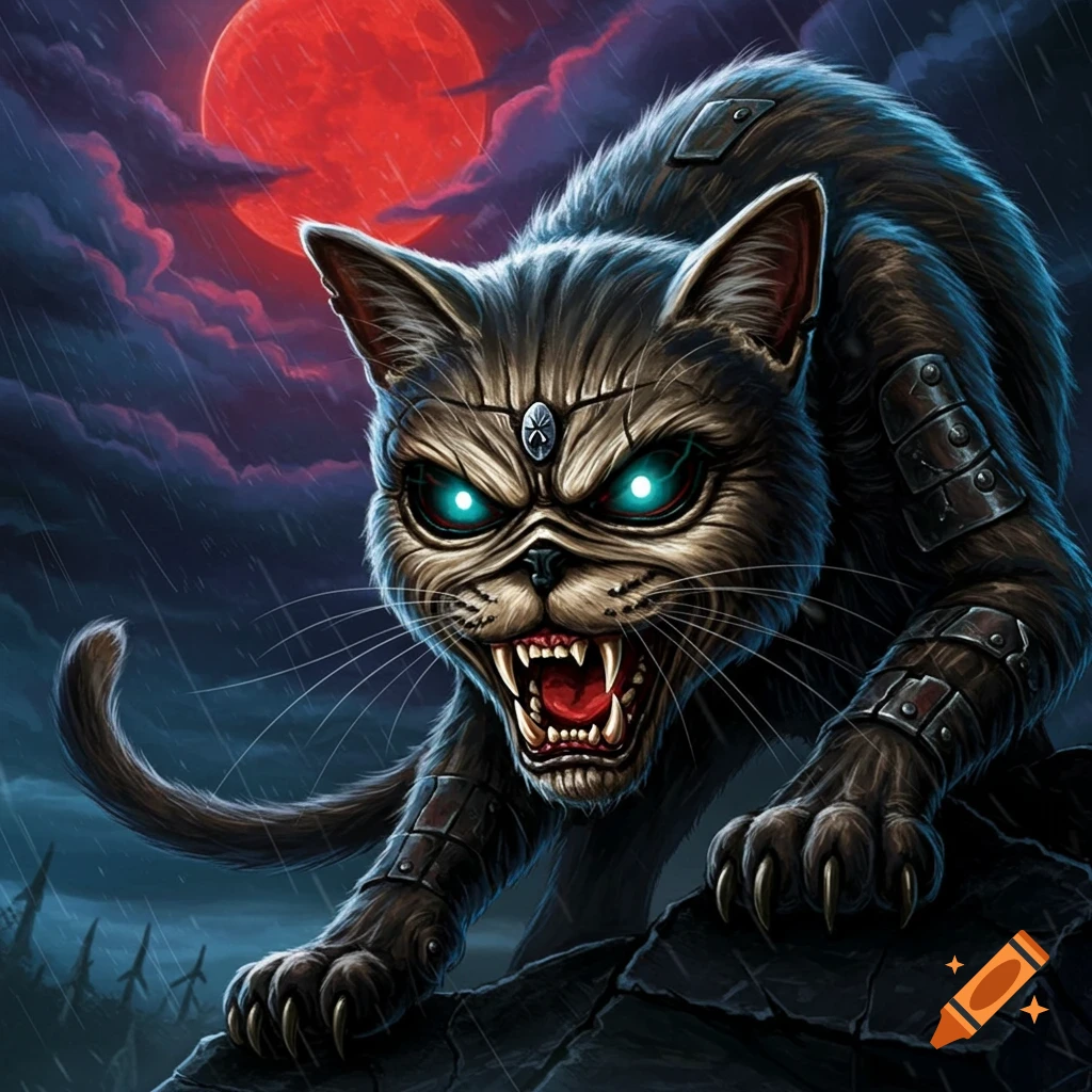 Monstrous stylized cat with glowing eyes and armor under a red moon in ...