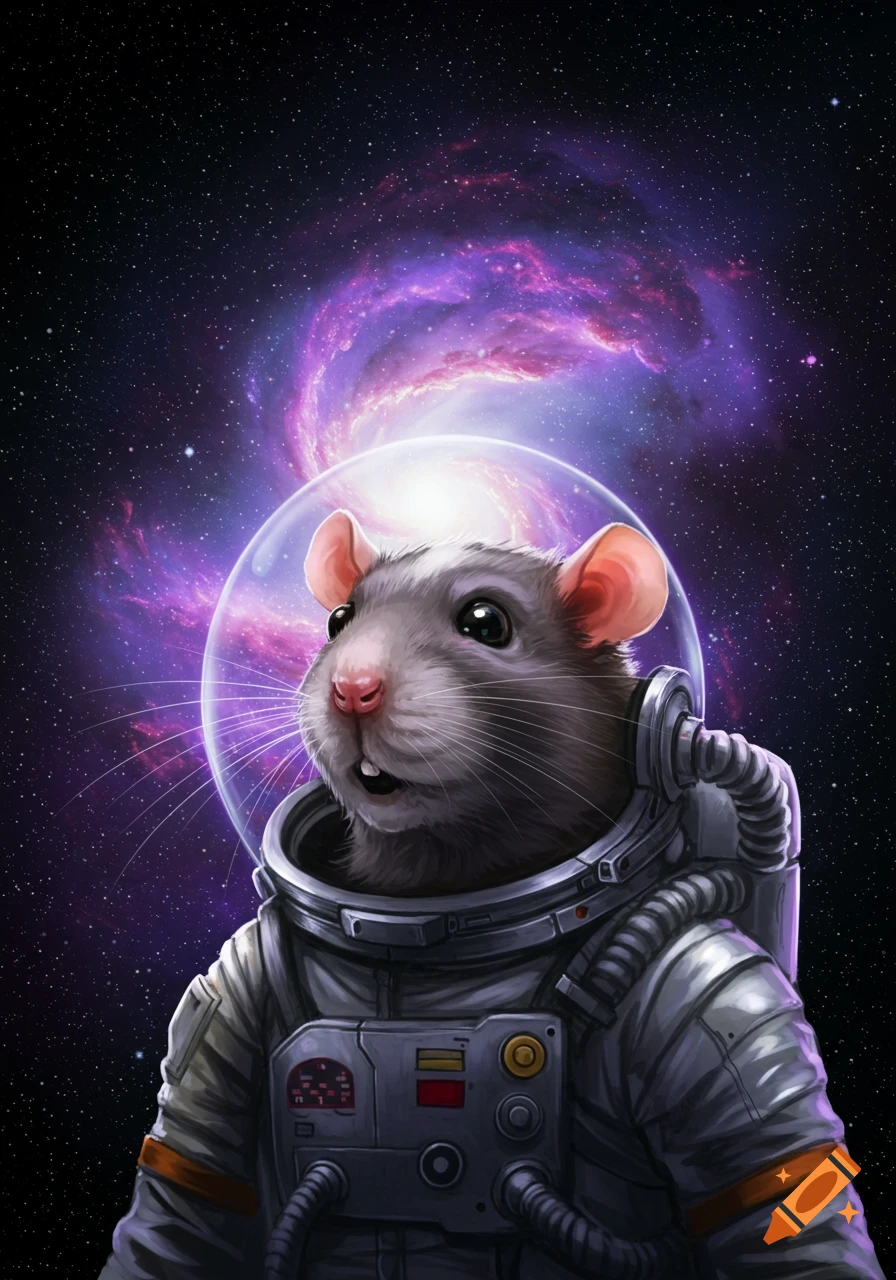 A rat in a space suit floats in space with a galaxy behind it. on Craiyon