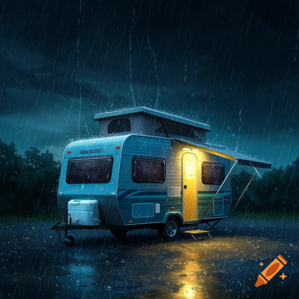 A blue and grey camper parked in pouring rain at night, illuminated by ...