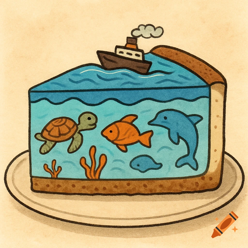 Cartoon drawing of a slice of cheesecake shaped like an ocean aquarium ...