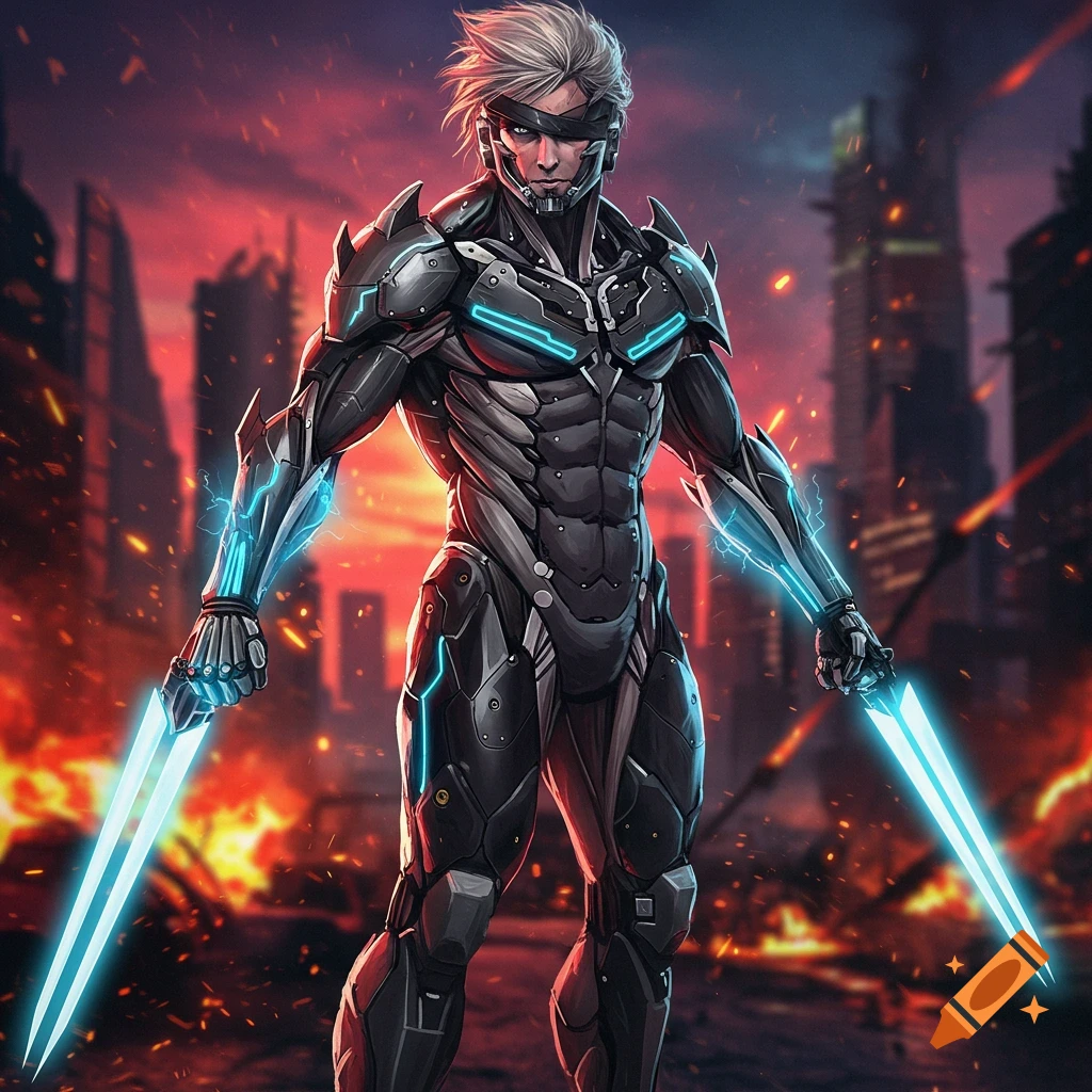 Cyborg ninja with glowing swords stands in a burning futuristic city ...