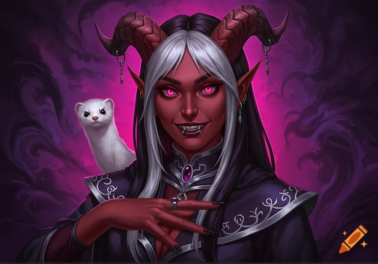 Portrait of a tiefling woman with red skin, horns, and a weasel on her ...