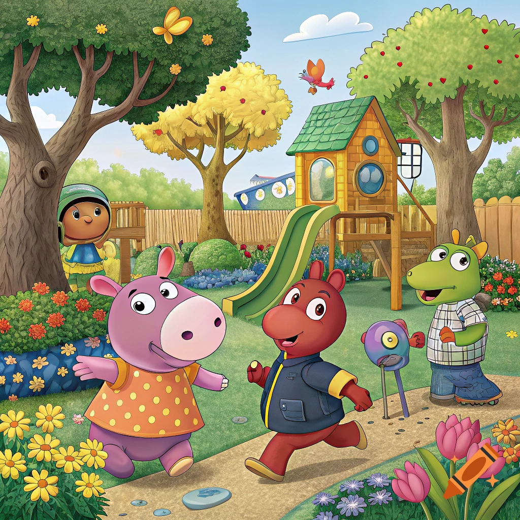 Cartoon characters from Backyardigans playing in a backyard playground ...
