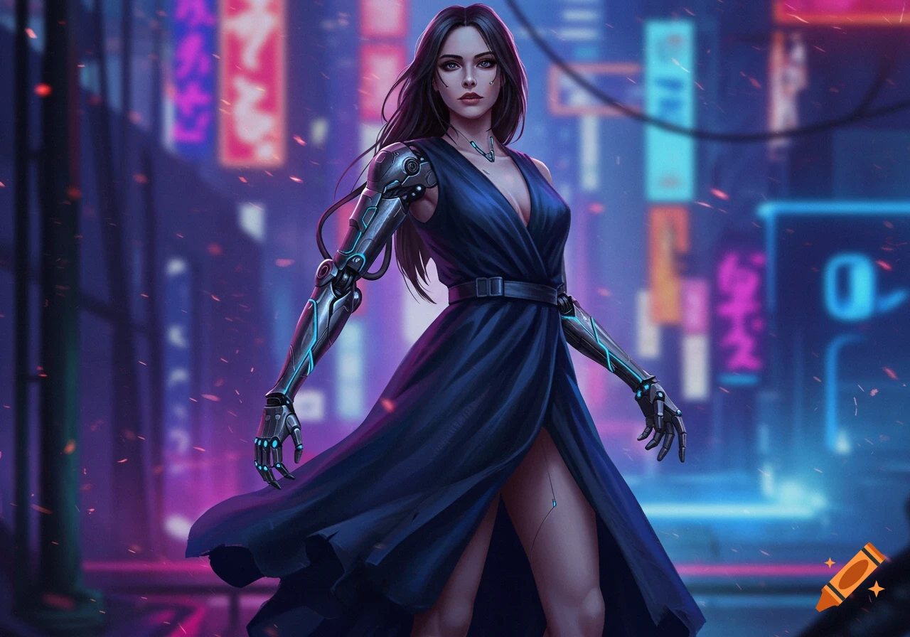A woman with cybernetic arms wearing a dark dress stands in a neon-lit ...