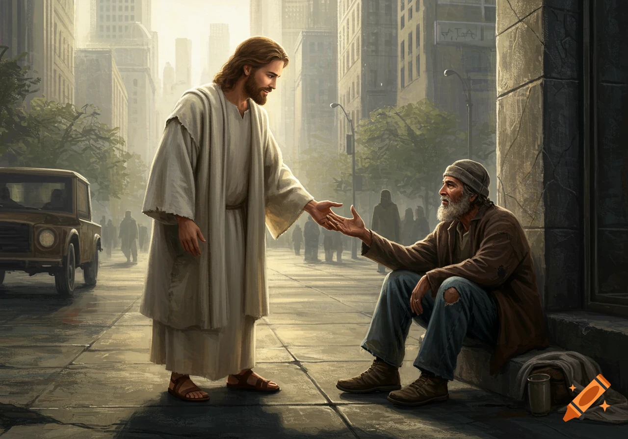 Jesus reaches out to a homeless man on a city sidewalk, digital ...