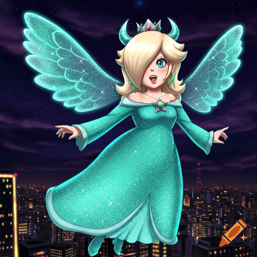 Anime Princess Rosalina as a glittery cyan devil with wings flying over ...