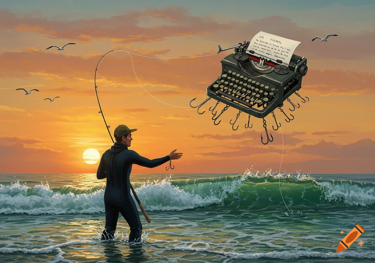 Painting of man surf fishing with a typewriter bait at sunset. on Craiyon