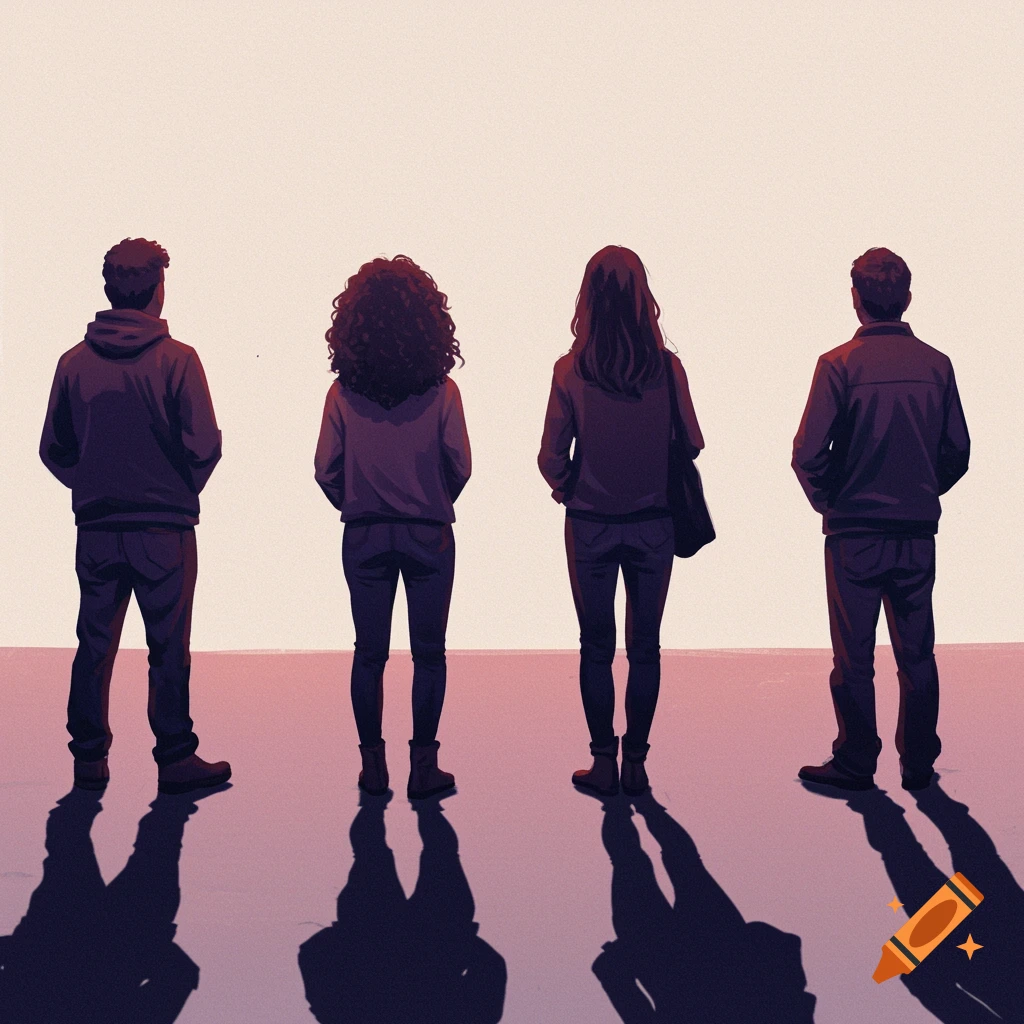 Four people stand facing away from the viewer, their long shadows cast ...