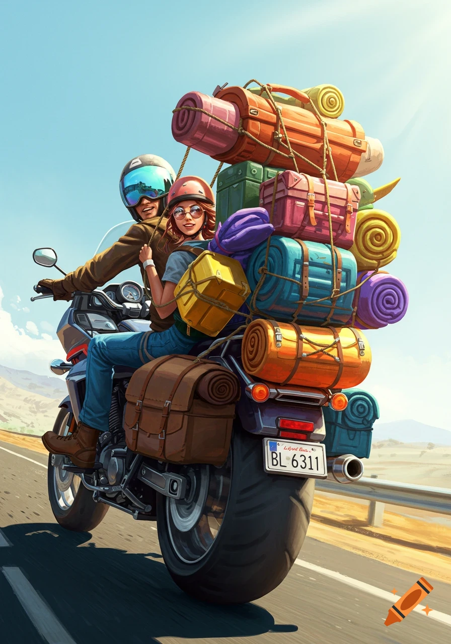 Illustrated image of two people riding a motorcycle loaded with ...