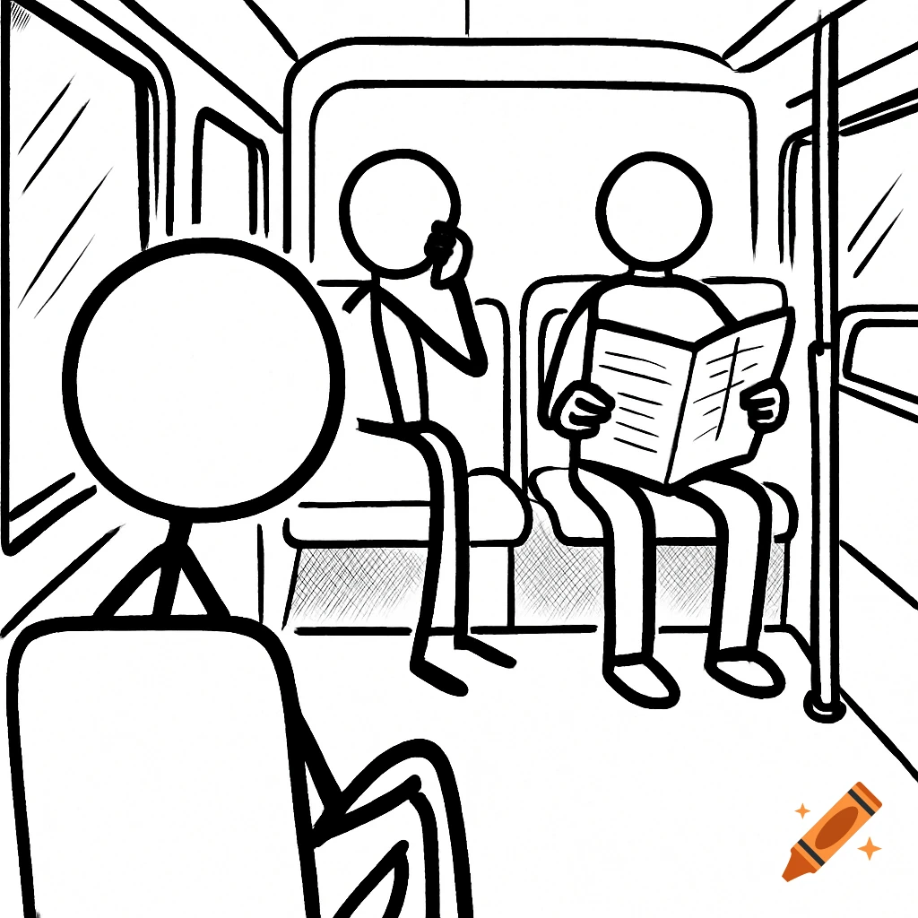 Line drawing of stick figures on a bus, one talking on a phone, one ...