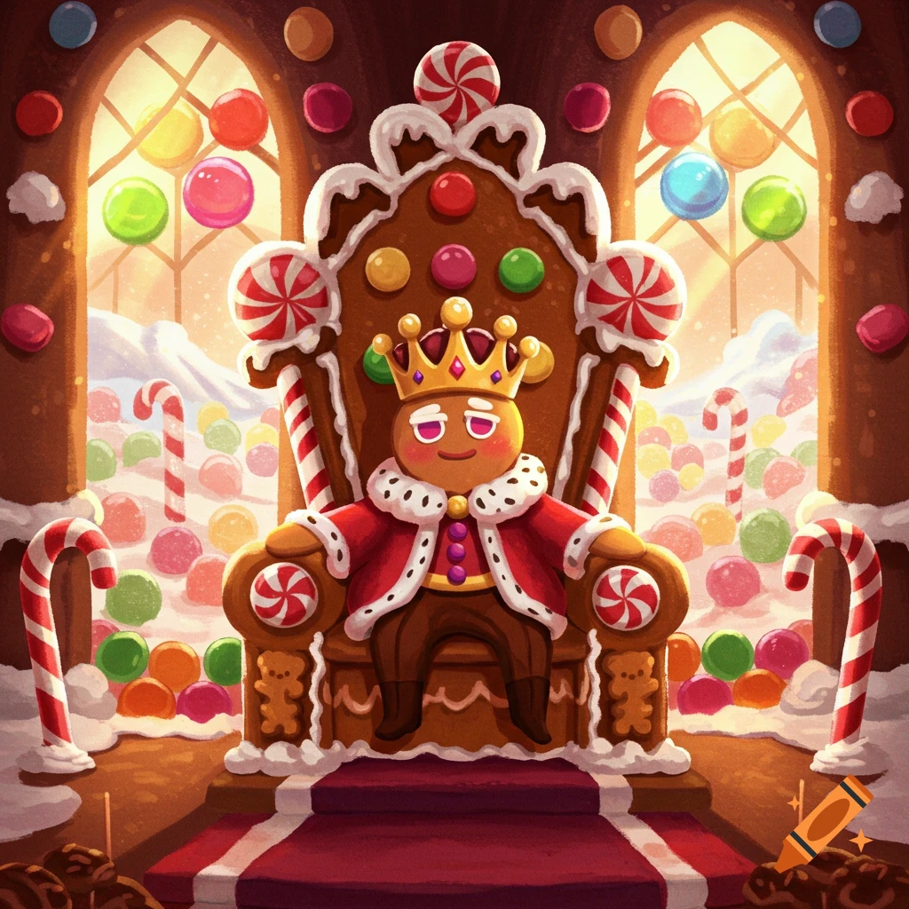 A gingerbread king wearing a crown and red cape sits on a candy throne ...