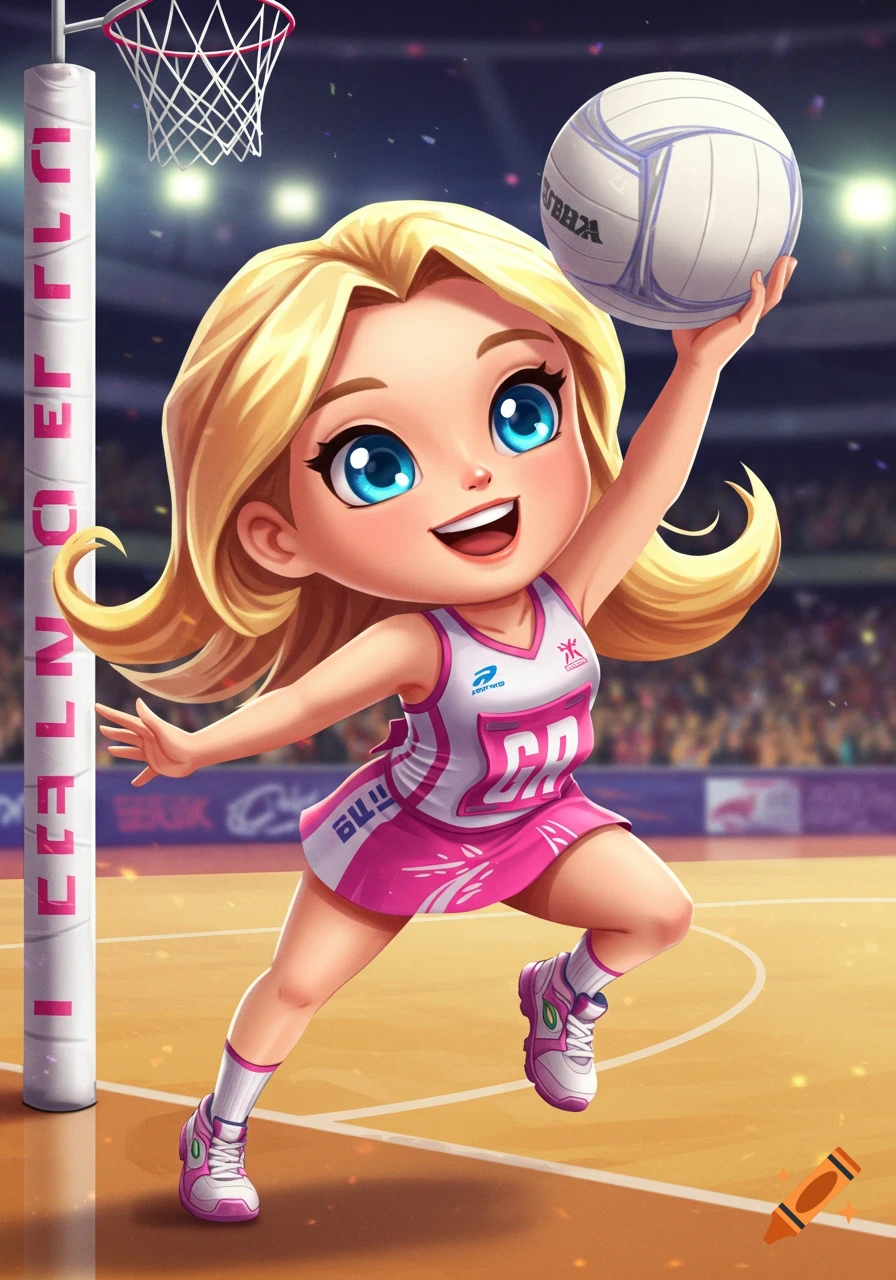 Cute cartoon girl playing netball, holding a ball near the net. on Craiyon