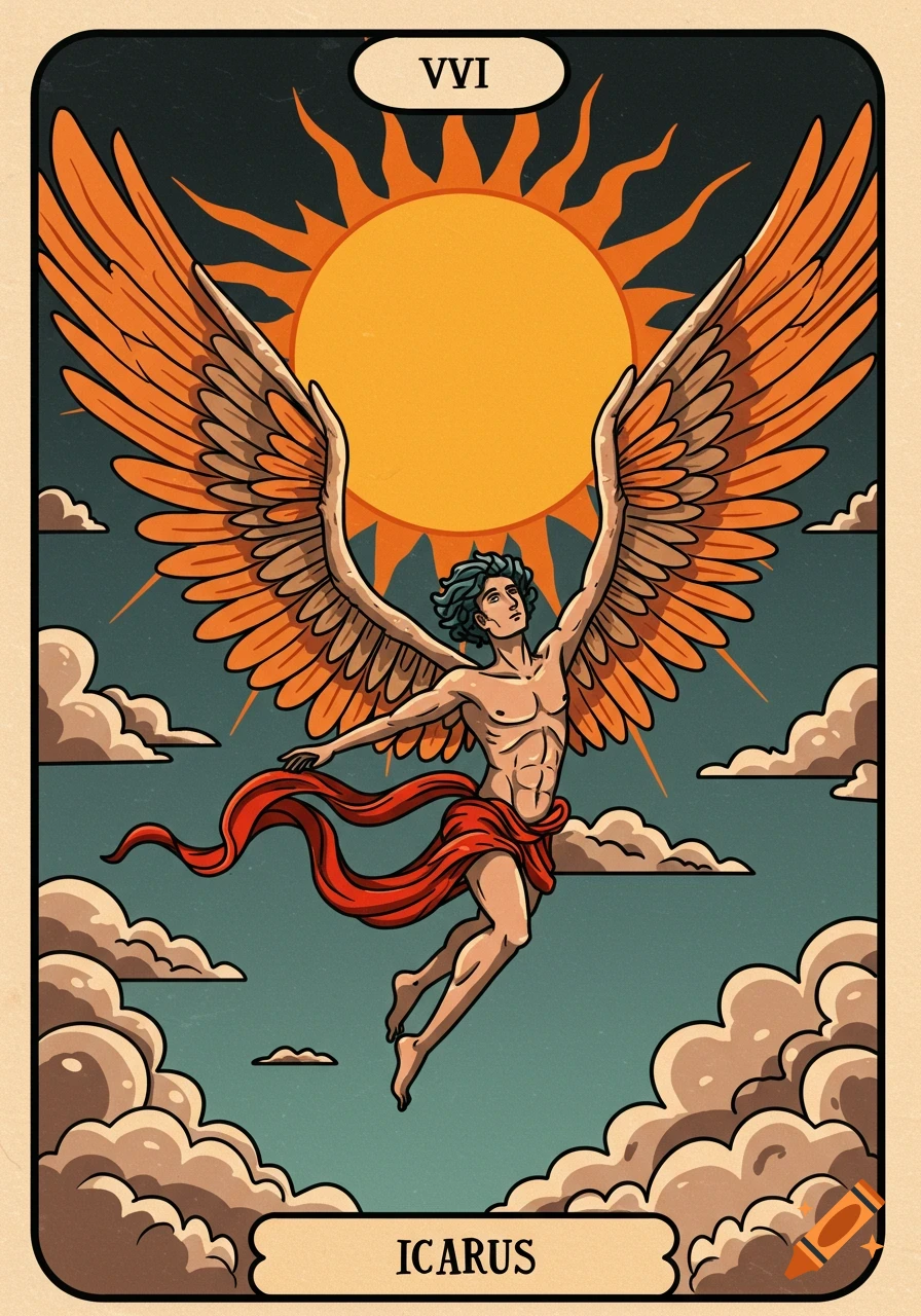 A stylized tarot card illustration of Icarus flying towards the sun. on ...