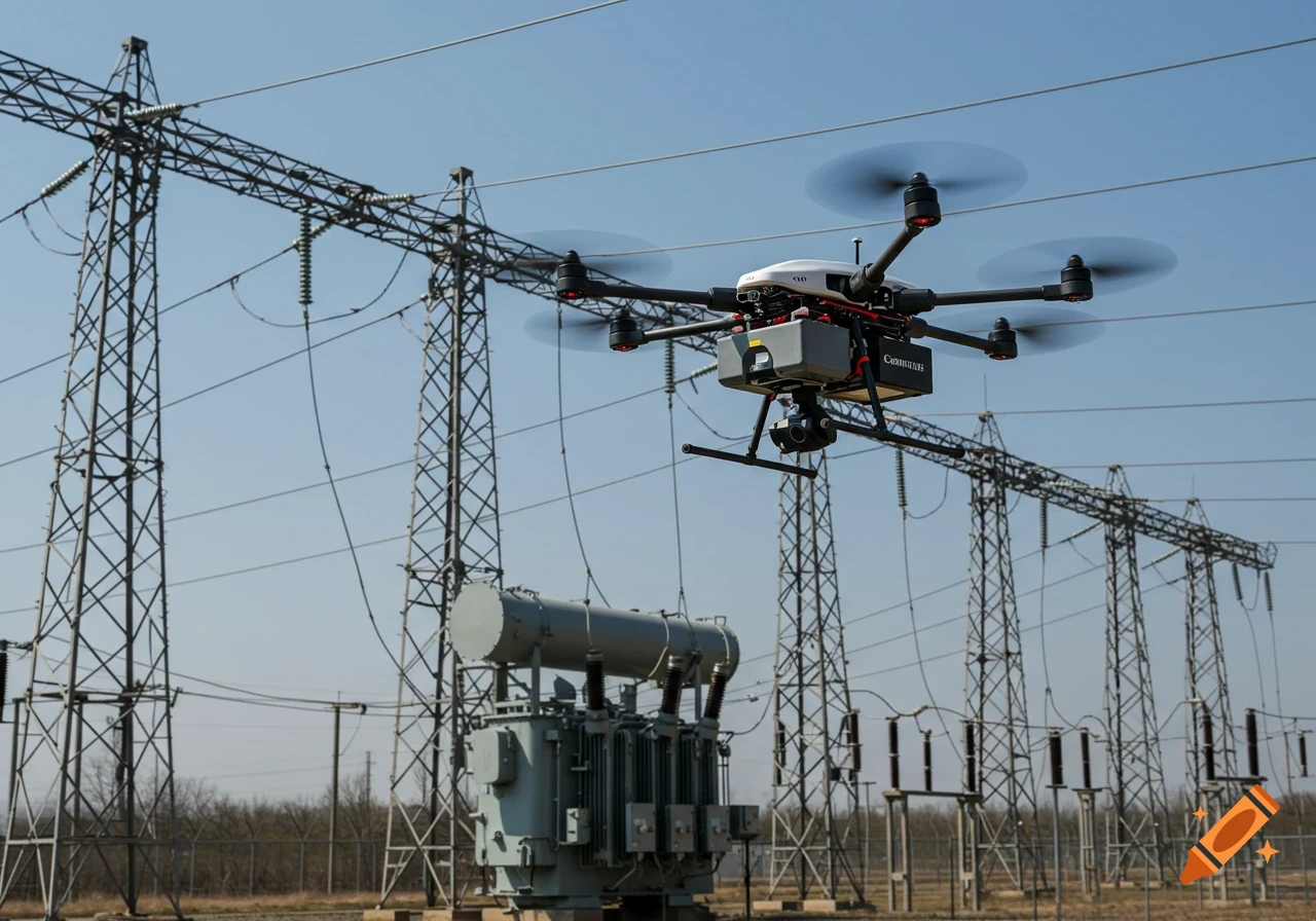 A quadcopter drone flies near large power transmission towers and a ...