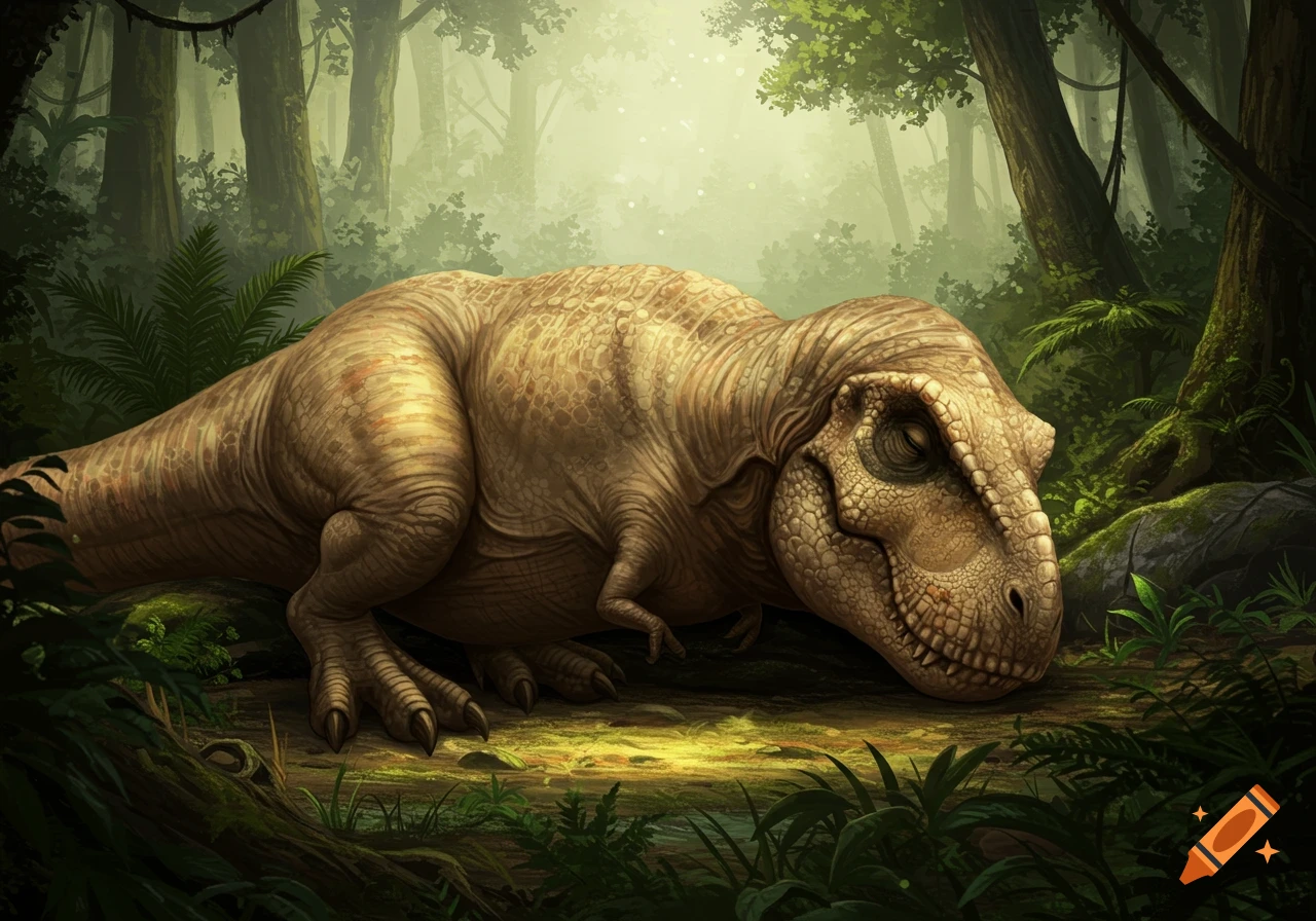 Realistic illustration of a sleeping T-rex in a jungle. on Craiyon
