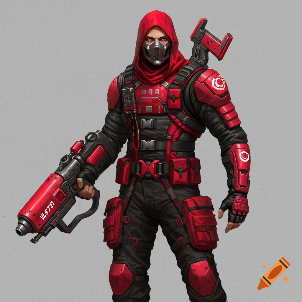 A warrior in red and black sci-fi armor and hooded mask holds a large ...