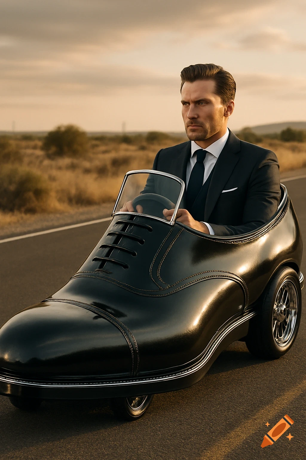 A man in a suit drives a large black shoe car on an open road on Craiyon
