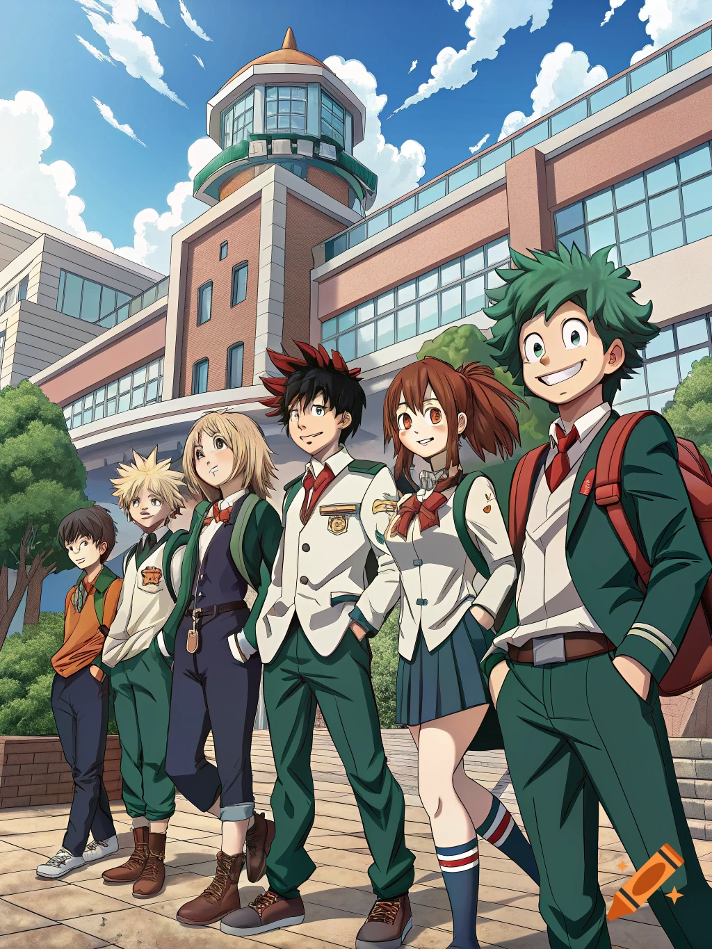 Anime students walking outside a school building. on Craiyon