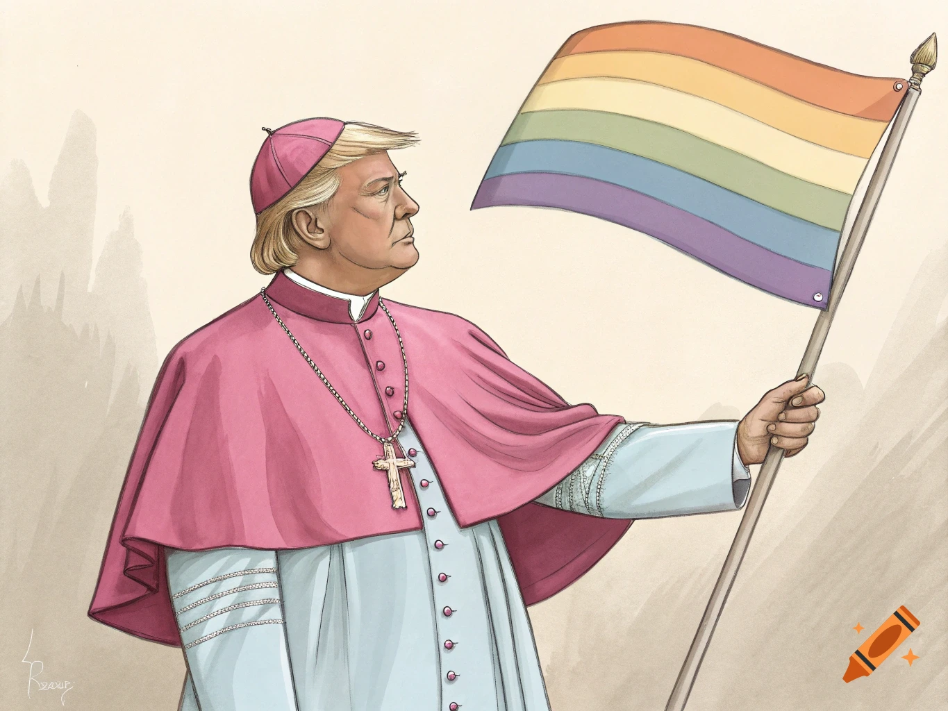 Illustration of Donald Trump dressed in pink religious robes holding a ...