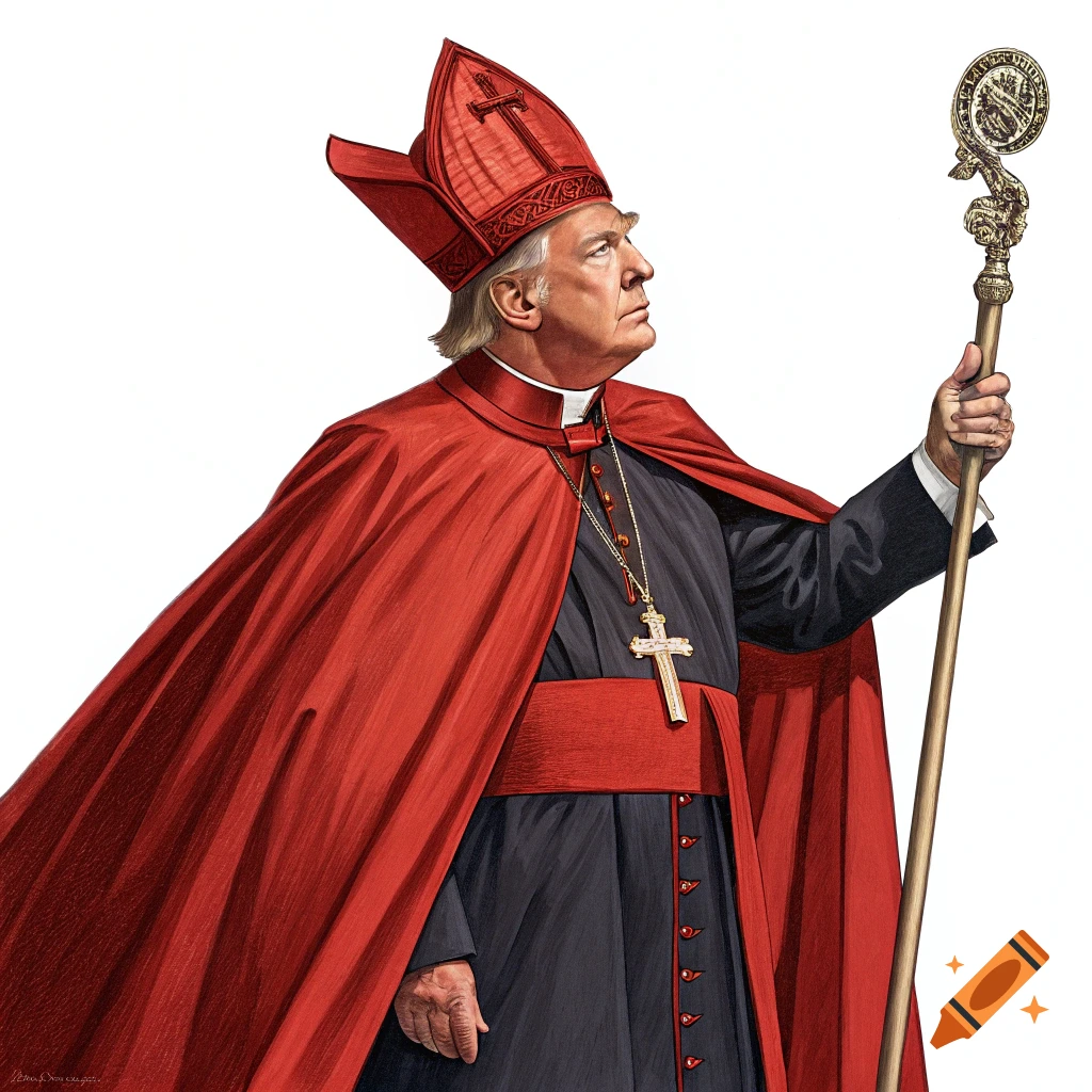 Portrait of Donald Trump dressed as a cardinal, holding a crosier. on ...
