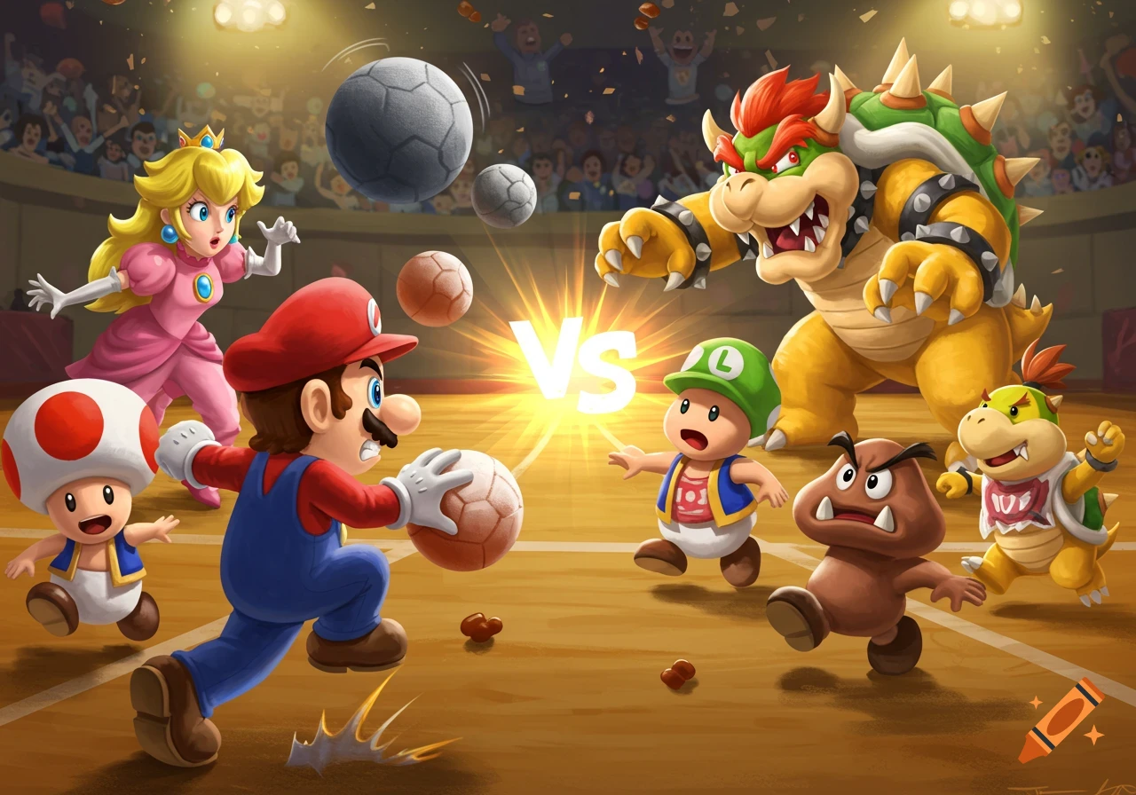 Mario and Bowser lead teams in an intense dodgeball match in a crowded ...