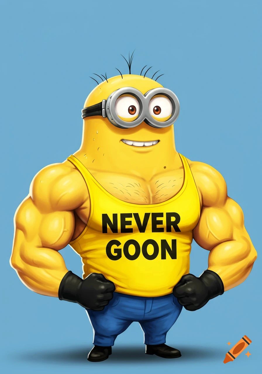 Buff Minion wearing a yellow tank top that says 'Never Goon' on Craiyon