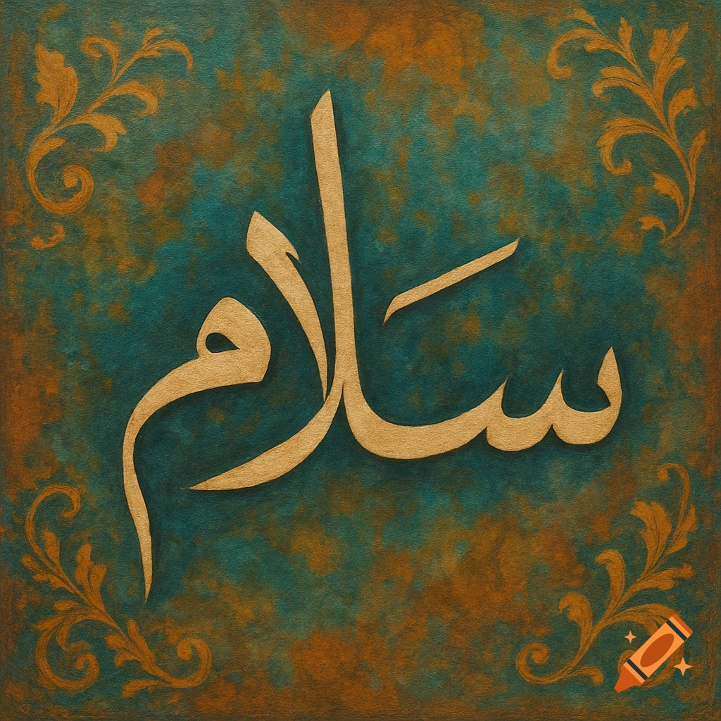 Golden Arabic calligraphy of the word Salam on a textured teal and ...