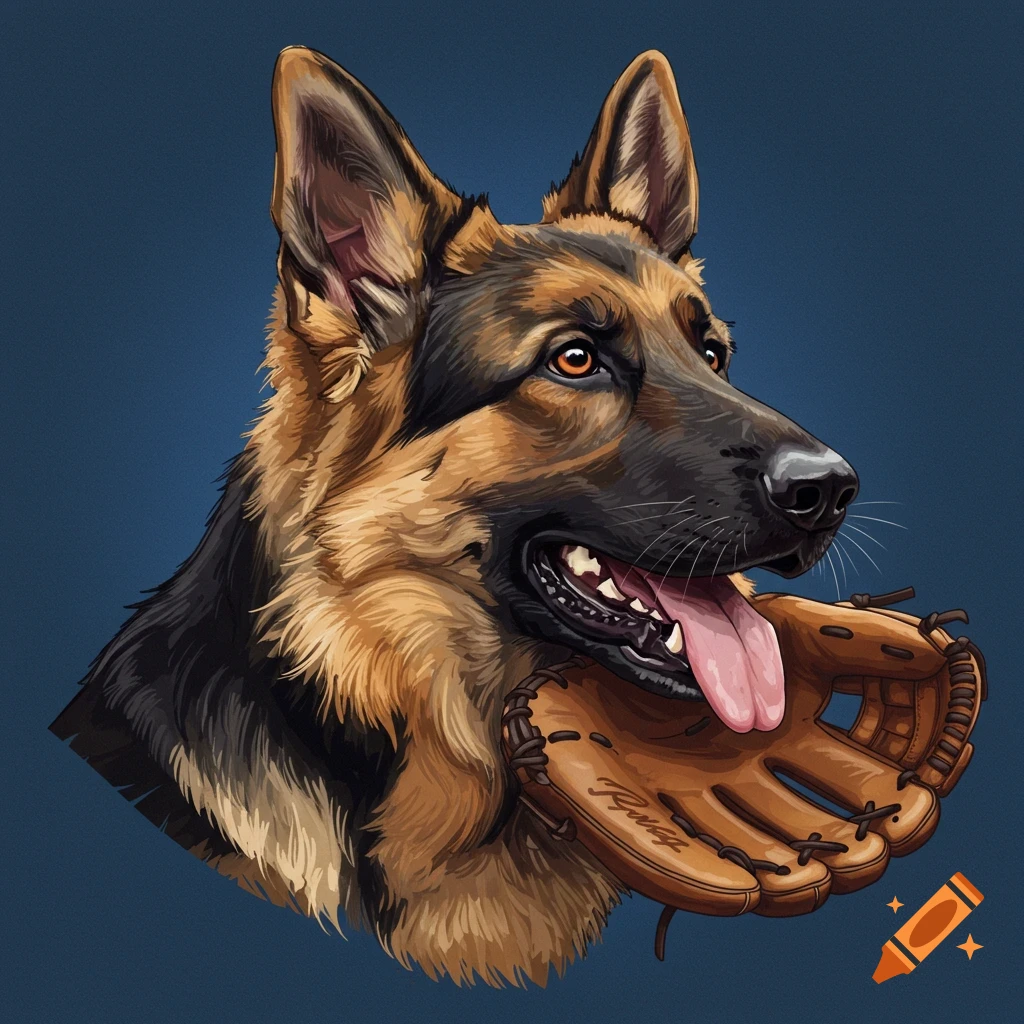 German Shepherd head holding a baseball glove in its mouth ...