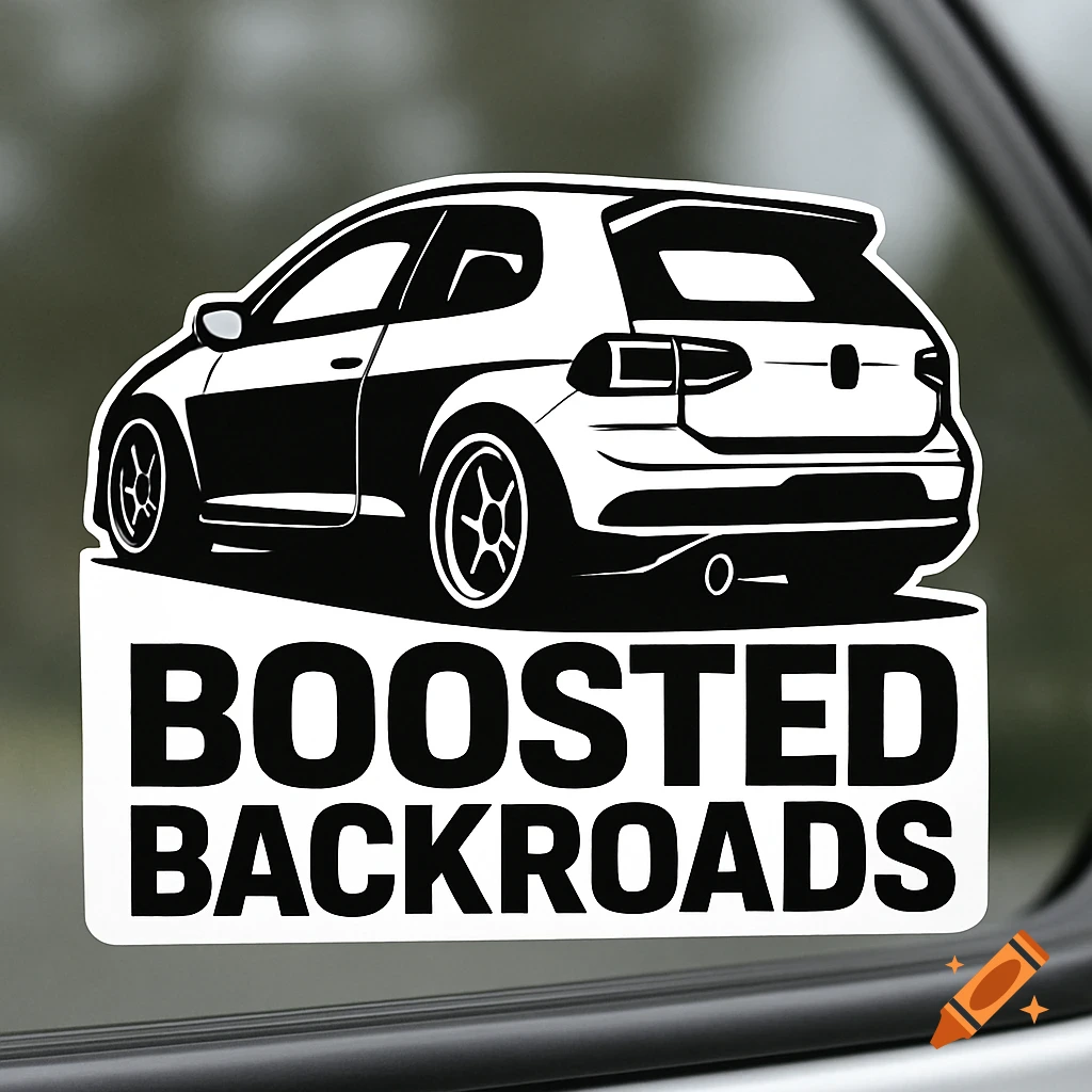 Black and white sticker design featuring a hatchback car above the text ...