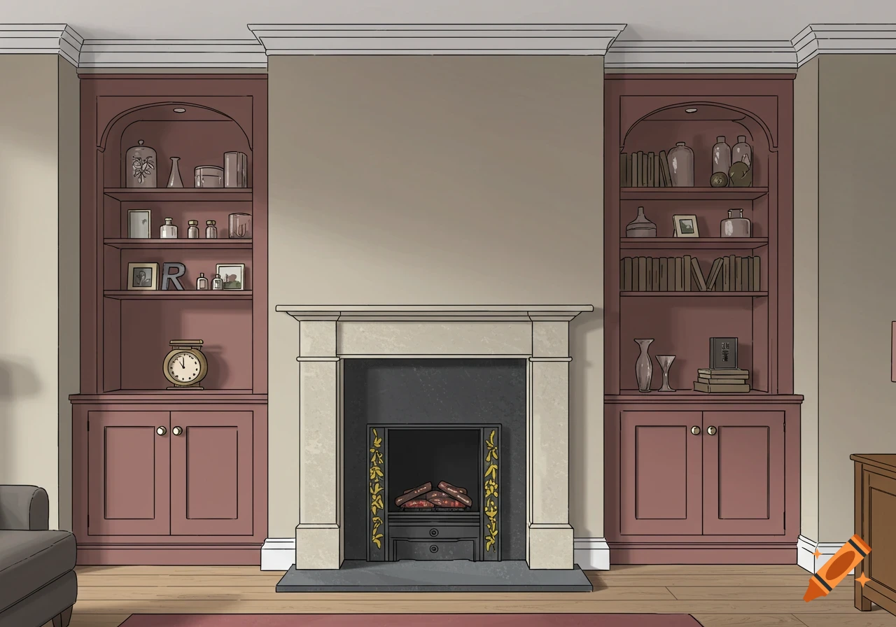Illustration of a living room with built-in shelves, a fireplace, and ...