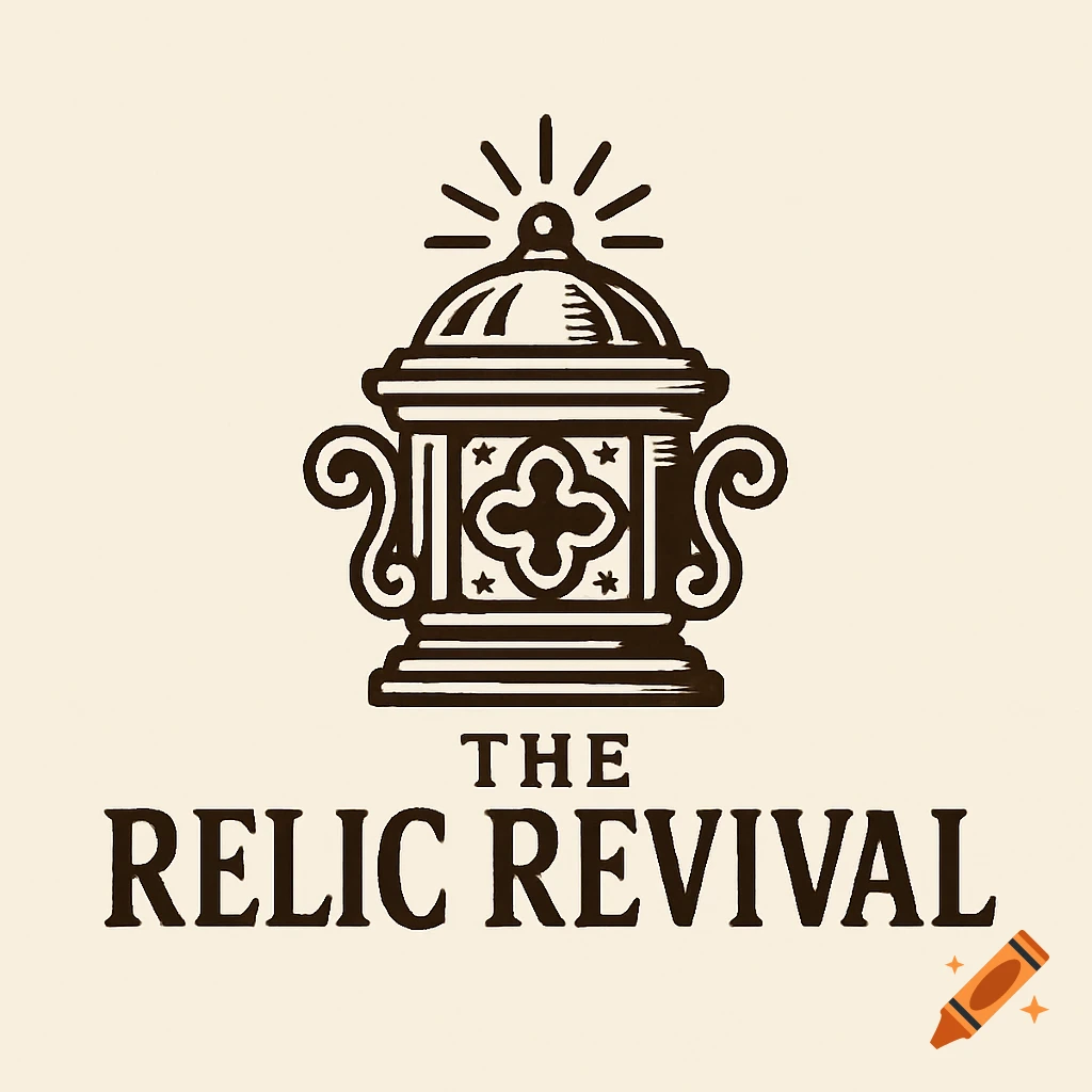 Logo with stylized antique vessel and text 'The Relic Revival'. on Craiyon