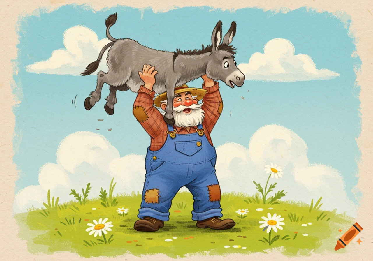 Illustration of a farmer lifting a donkey over his head in a field. on ...