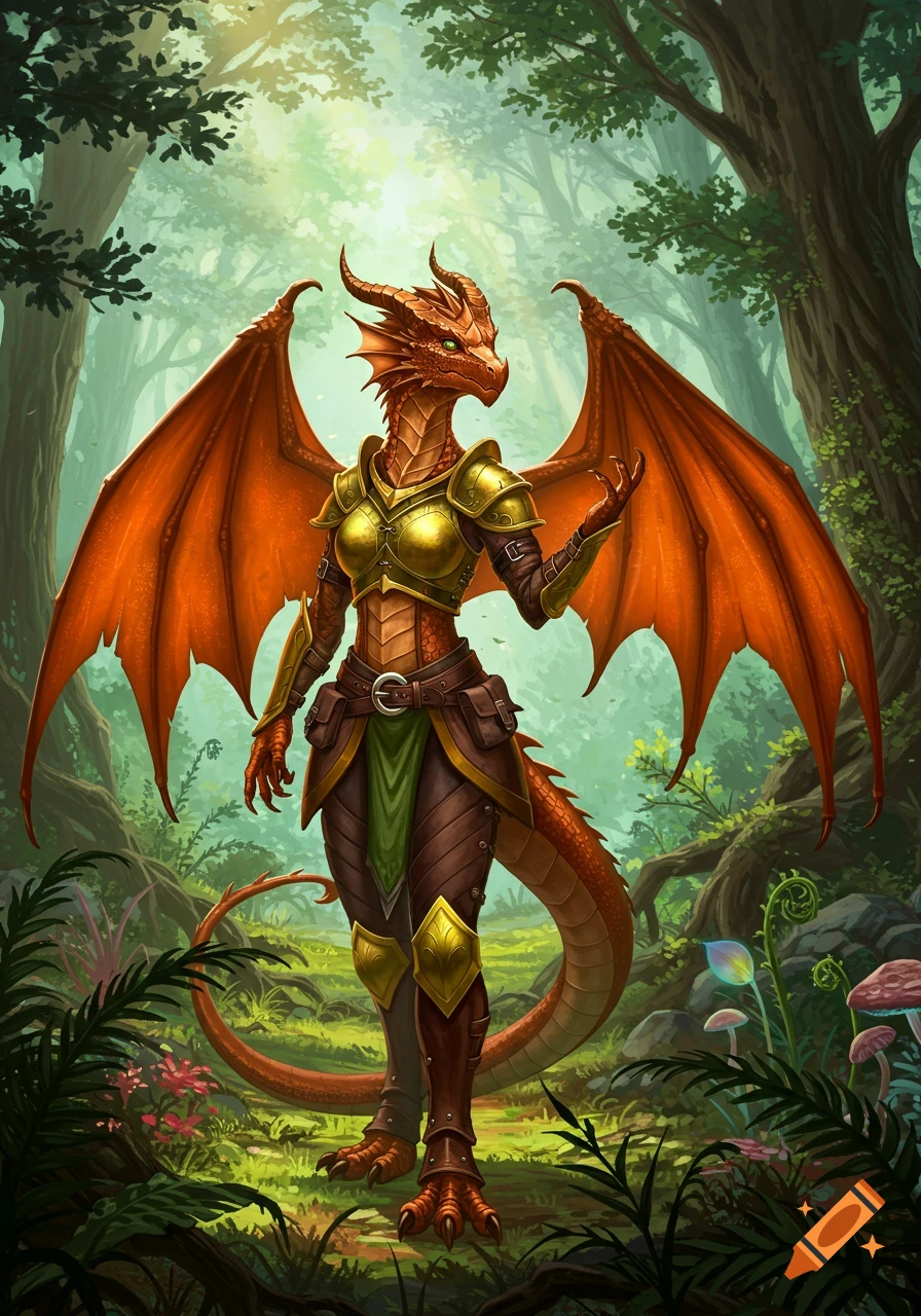 A copper dragonborn wearing golden armor stands in a lush forest glade ...