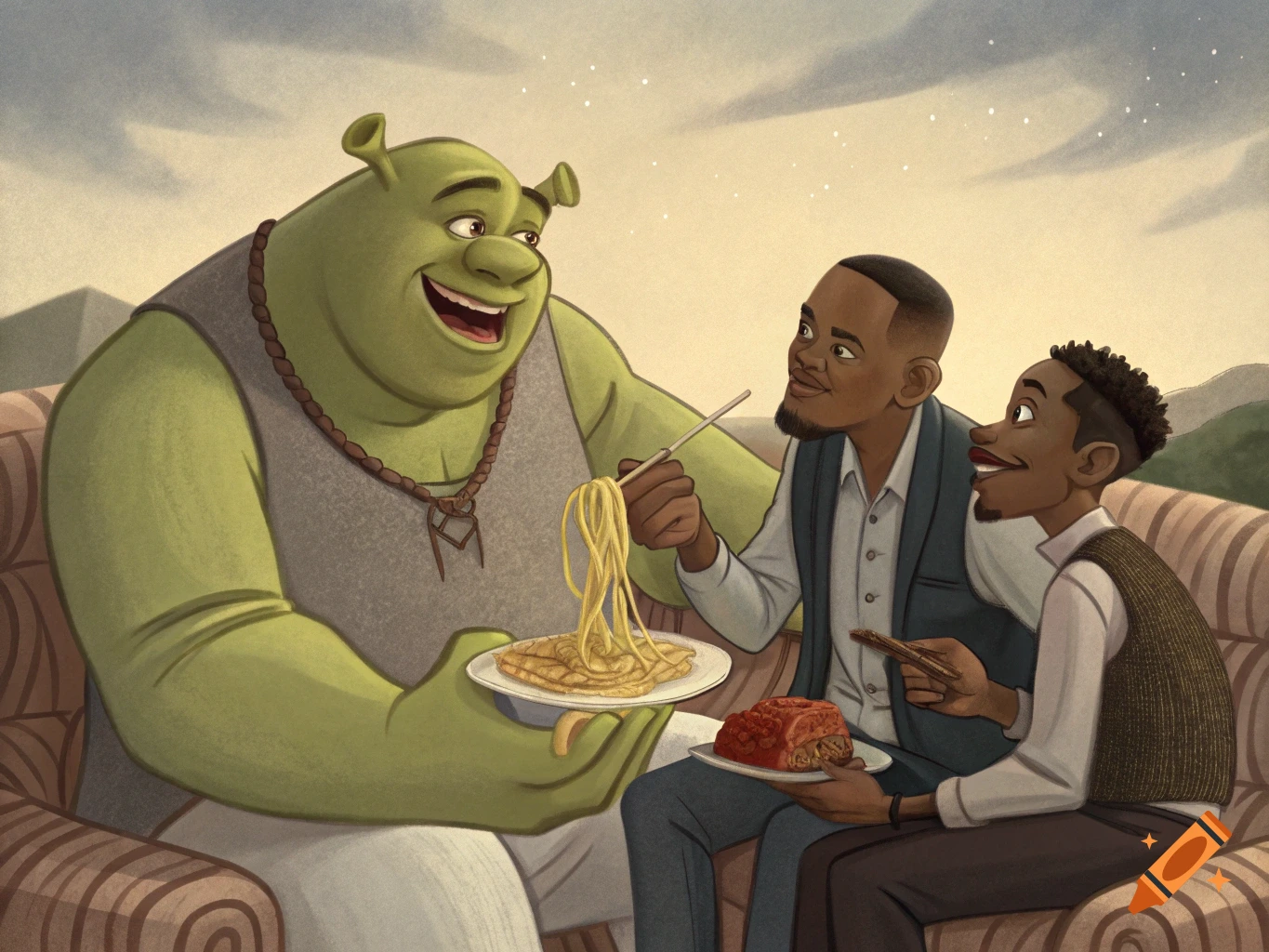Shrek eats spaghetti with Will Smith and Chris Rock in an illustration ...