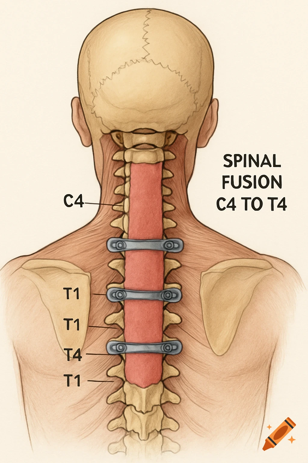 Medical illustration of a spinal fusion between vertebrae C4 and T4. on Craiyon