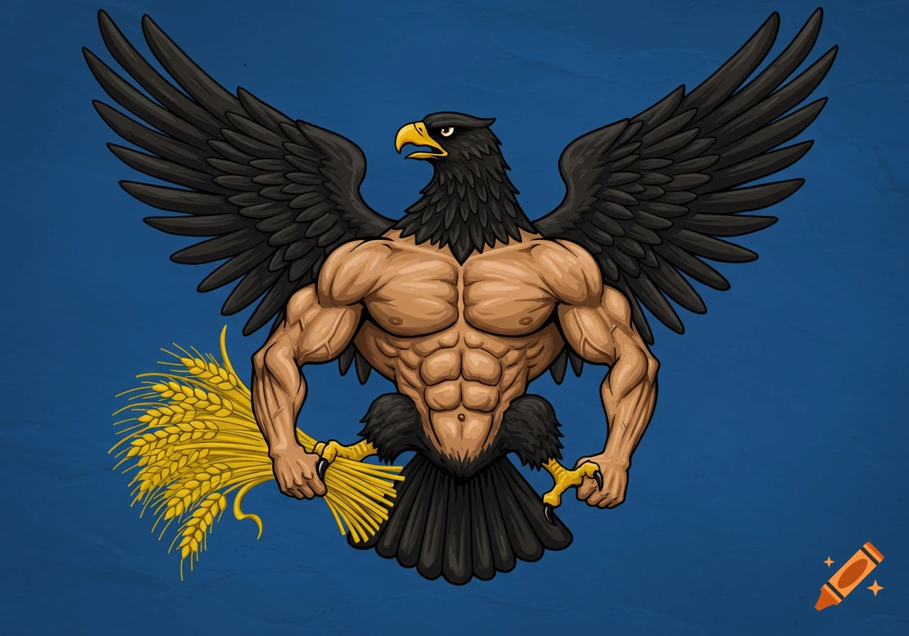Muscular eagle with six-pack holding wheat against a blue background ...