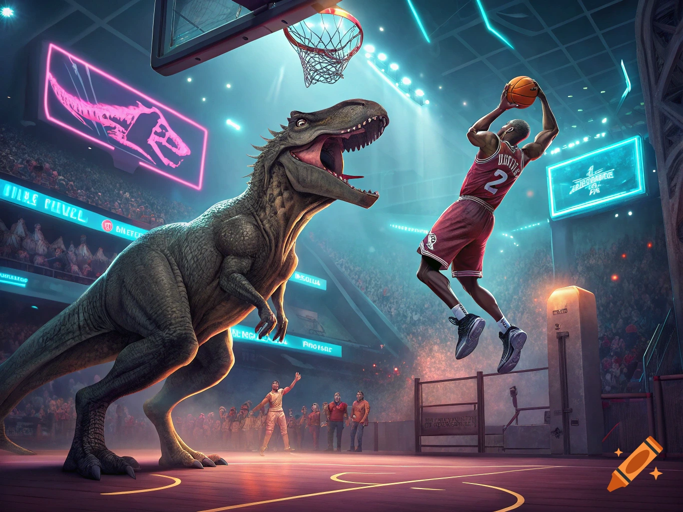 A basketball player dunks over a T-Rex in a stadium. on Craiyon