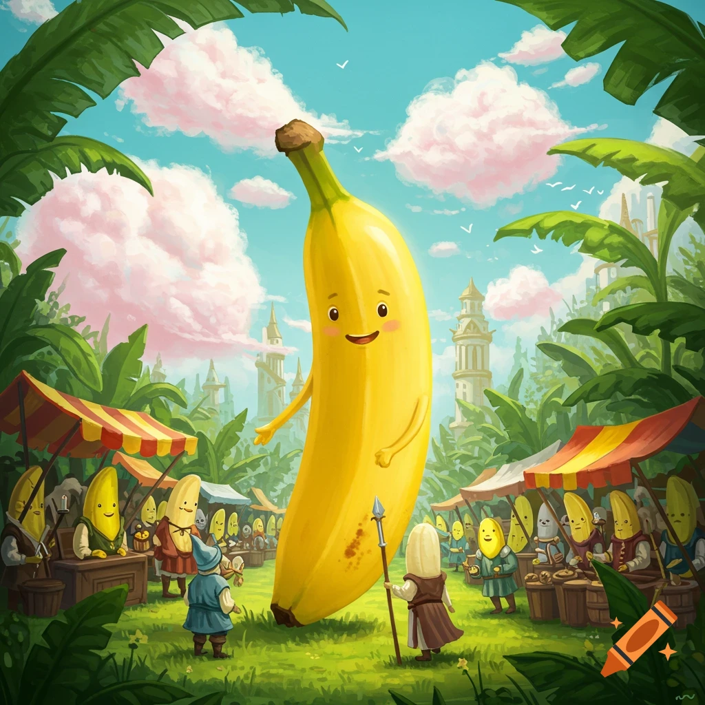 Giant smiling banana character in a market of banana people in a ...