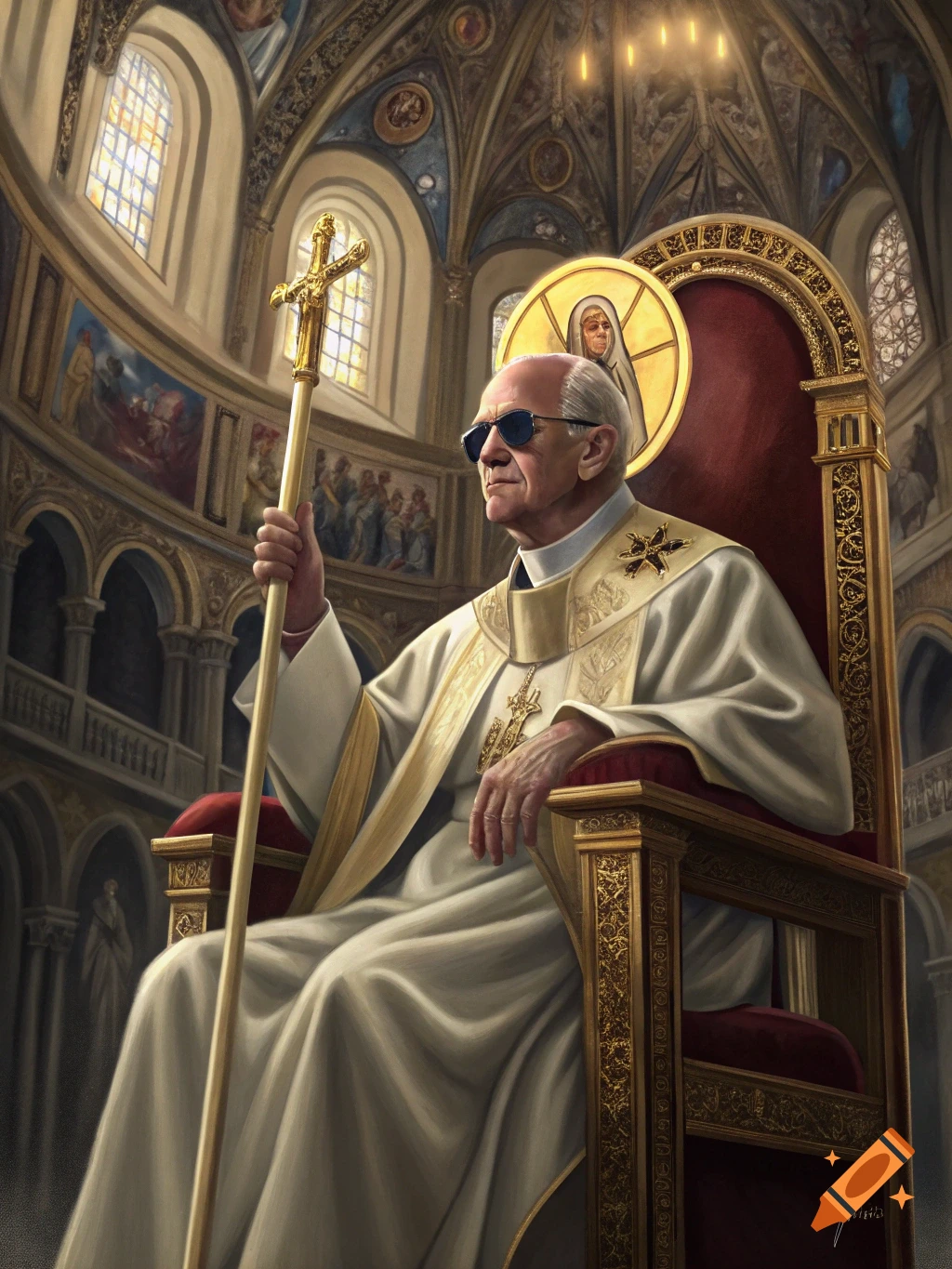 Digital painting of figure resembling Pope with sunglasses sitting on a ...