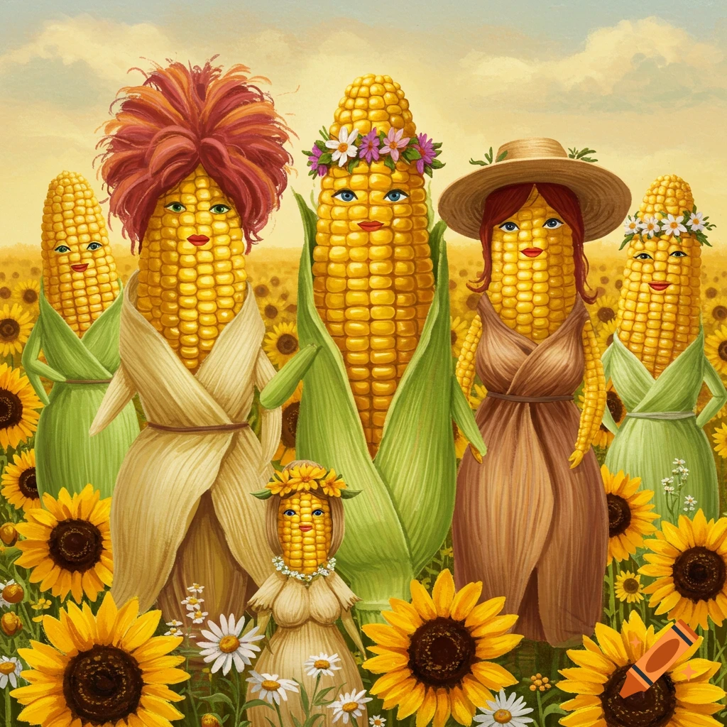 Illustration of five anthropomorphic corn cob ladies standing in a ...